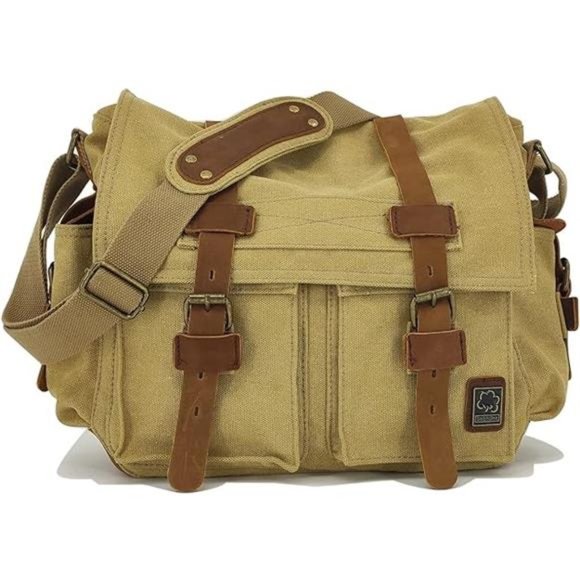 Bags | Sechunk Vintage Military Leather Canvas Laptop Bag Messenger ...